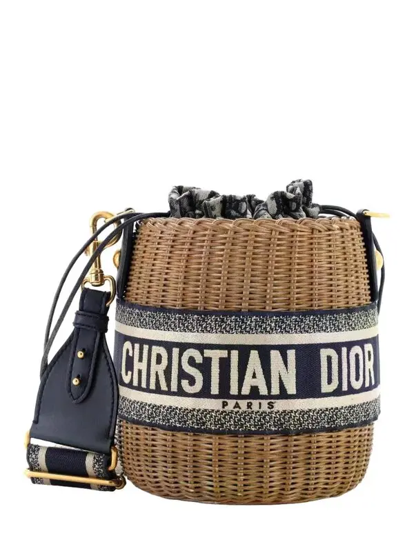 Dior Drawstring Wicker And Oblique Canvas Bucket Bag - Blue