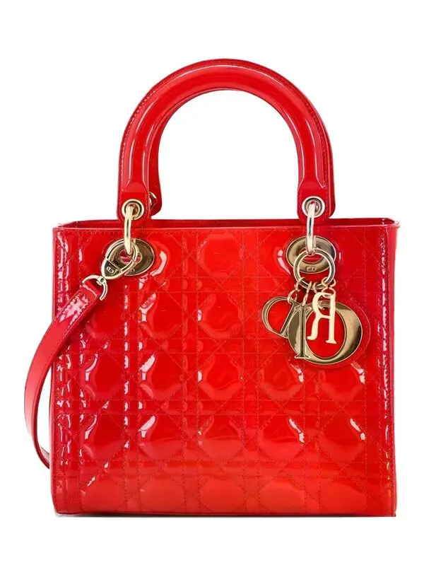 Dior Lady Cannage Quilt Patent Medium Satchel - Red