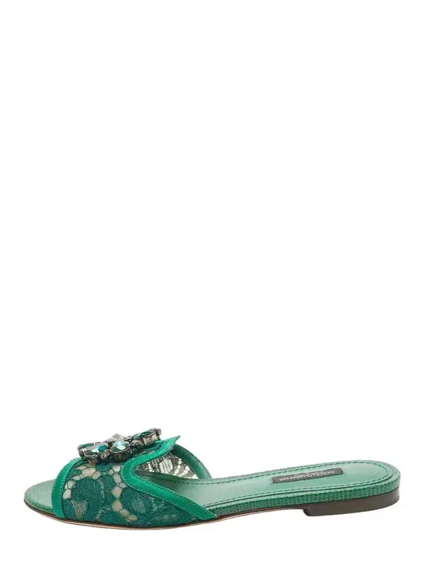 Dolce & Gabbana Lace Crystal Embellished Slides - Green