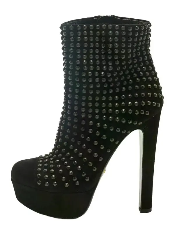Prada Suede Studded Block Heel Boots - Black