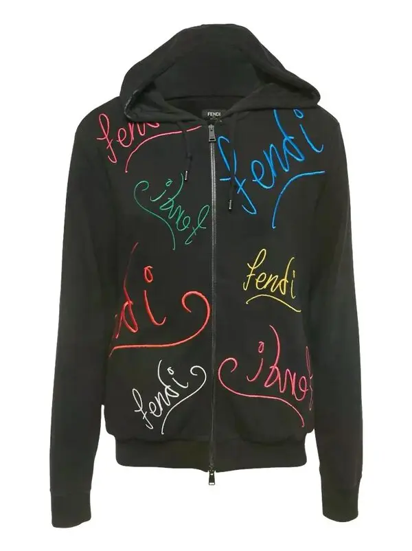 Fendi Cotton Embroidered-logo Hoodie - Black