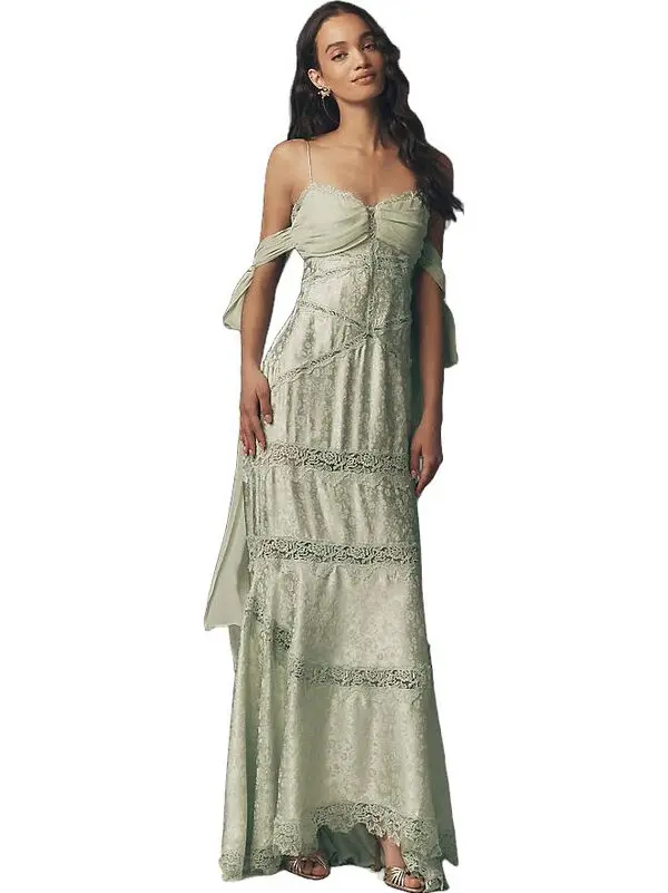 For Love & Lemons Rita Silk Maxi Gown - Green