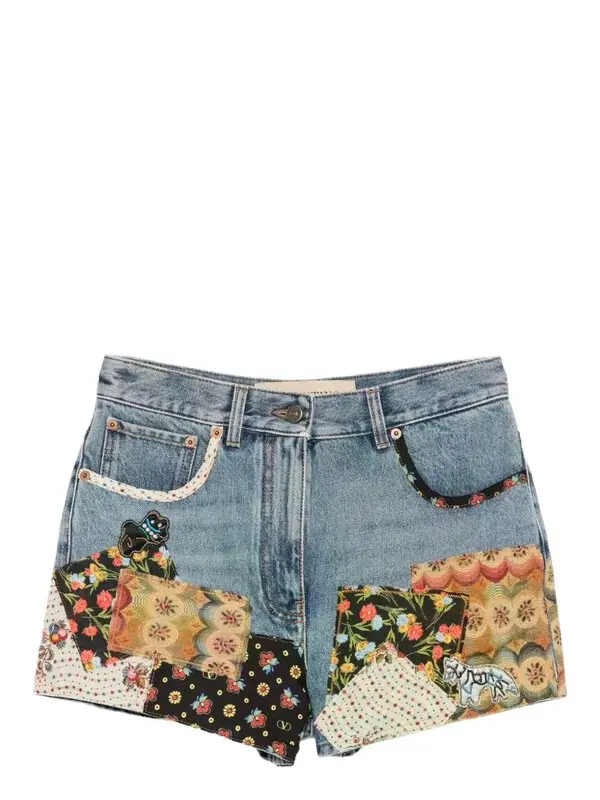 Valentino Garavani Patchwork Beaded-appliqué Denim Shorts - Blue