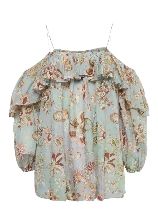 Zimmermann Flora-print Ruffle-detail Top - Blue