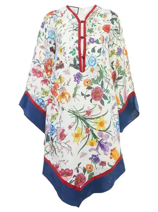 Gucci Floral Asymmetric Linen Dress - White