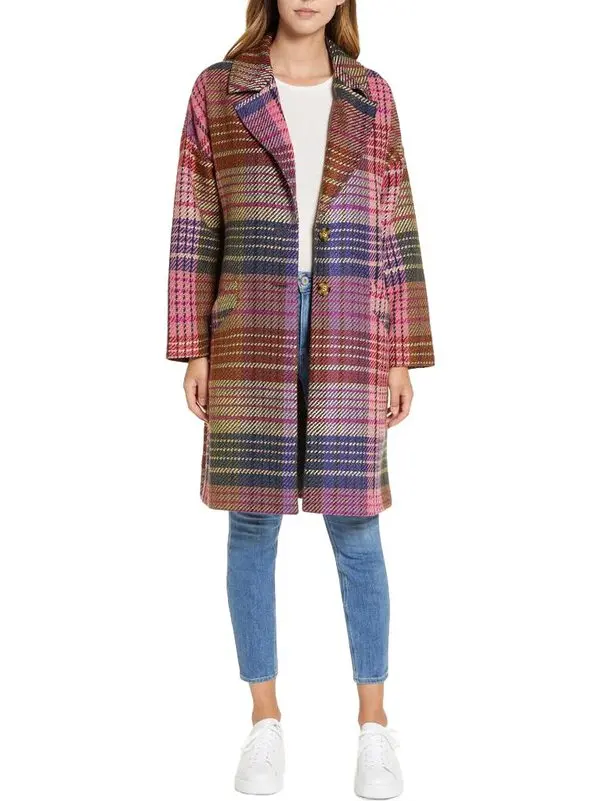 Halogen Plaid Tweed Longline Coat - Pink Multi Jumbo Tweed