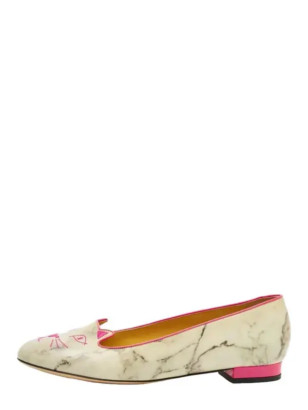 CHARLOTTE OLYMPIA Kitty-embroidered Leather Loafers - Neutrals