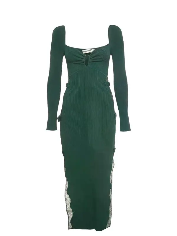 SELF-PORTRAIT Ribbed Lace Midi Dress - Green