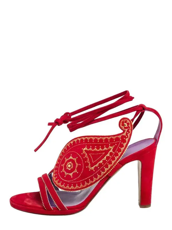 Hermès Paisley-embroidered Suede Sandals - Red