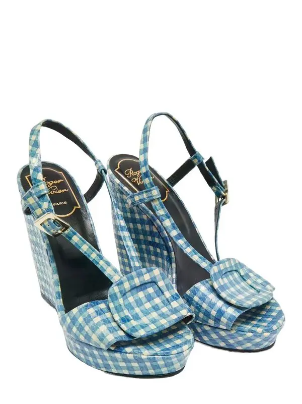 ROGER VIVIER Snakeskin Embossed Leather Wedge Sandals - Blue