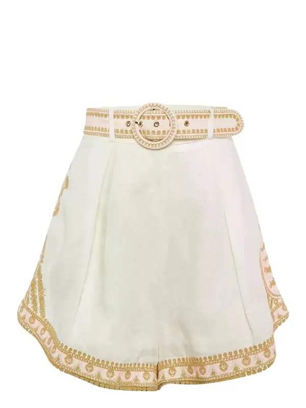Zimmermann Linen Embroidered Belted Shorts - Neutrals