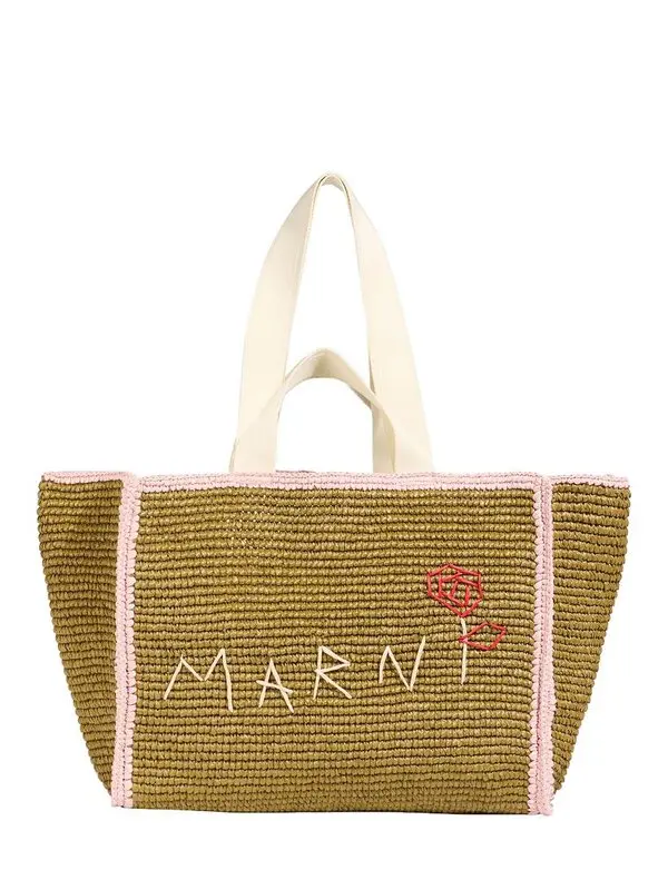 Marni Embroidered Faux Raffia Tote - Army Green