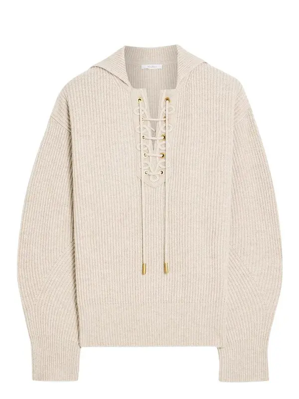 Max Mara Lace-up Ribbed Wool And Cashmere-blend Sweater - Neutral