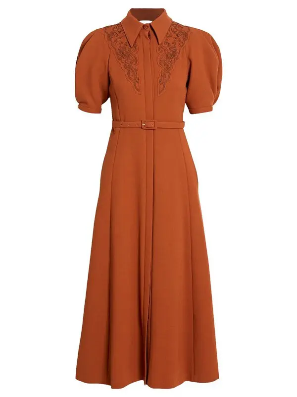 Gabriela Hearst Billy Embroidered Wool-crepe Midi Shirt Dress - Brick