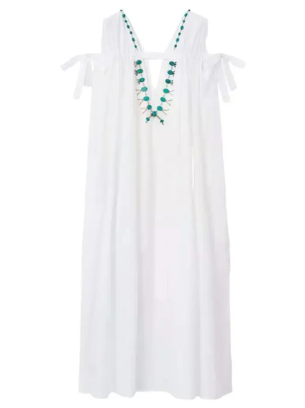 FORTELA V-neck Dress With Turquoise Stone Embellishments - White