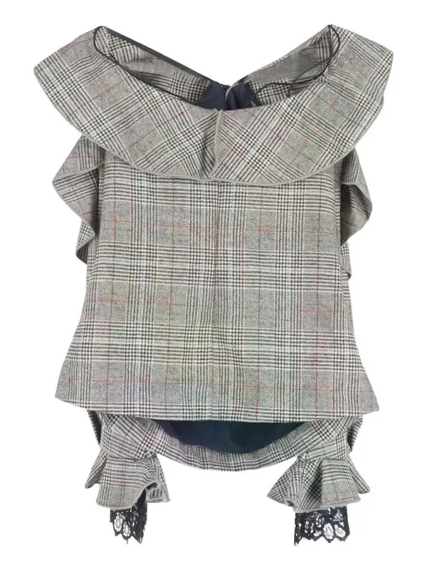 SELF-PORTRAIT Plaid Frill Off-shoulder Top - Grey
