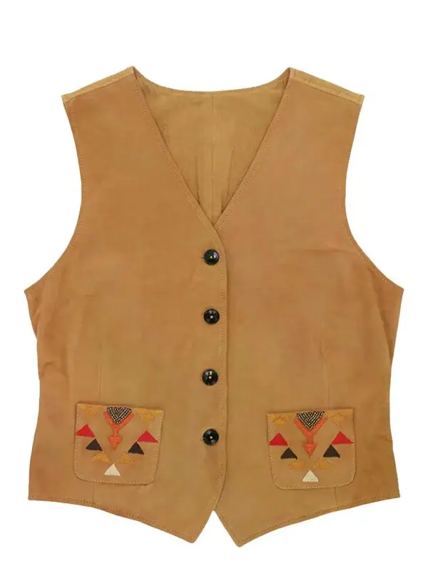 FORTELA Embroidered Pocket Chamois Leather Waistcoat - Brown
