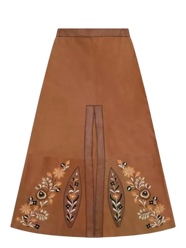 FORTELA Nina Embroidered Leather Skirt - Brown