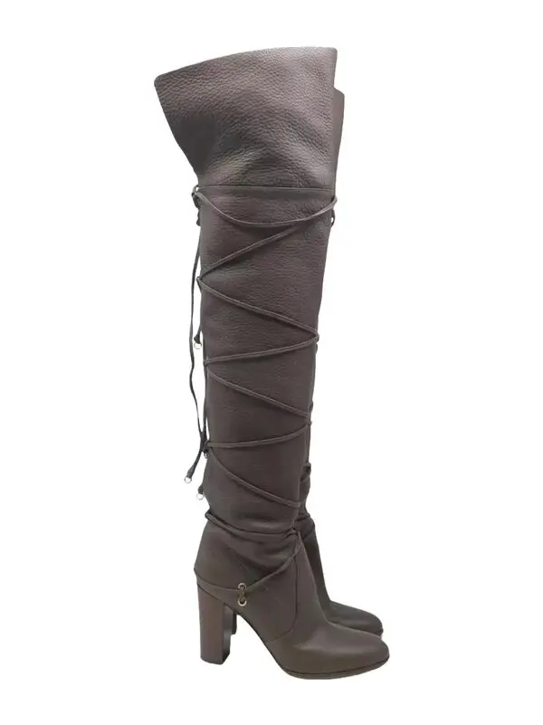 SERGIO ROSSI Leather Block Heel Boots - Grey