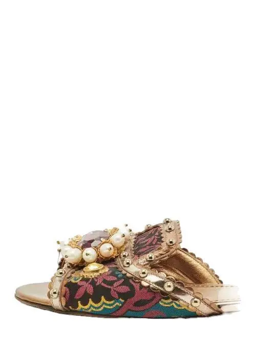 Dolce & Gabbana Brocade And Faux-pearl Embellished Flat Slides - Black