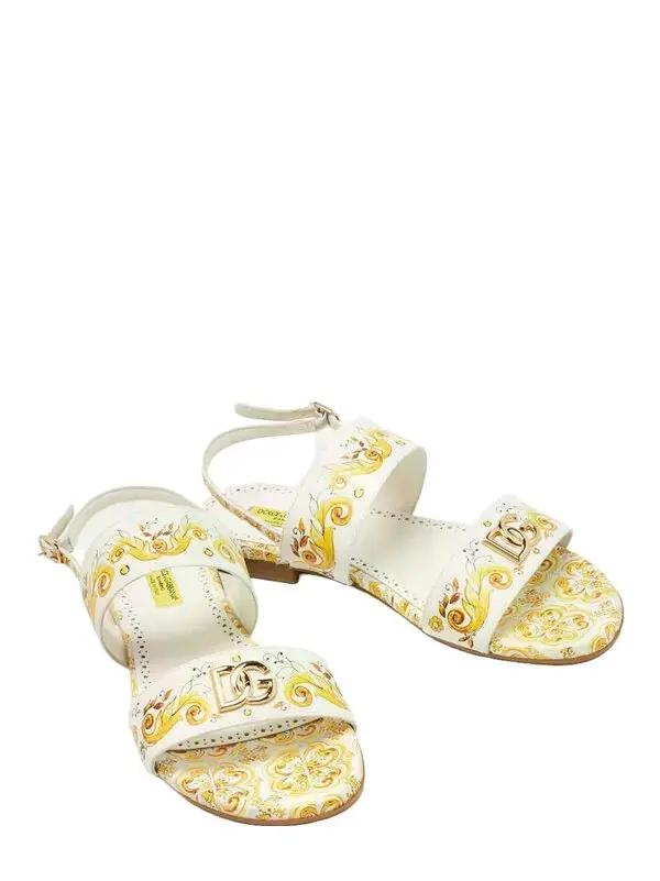 Dolce & Gabbana Majolica Leather Flat Sandals - White