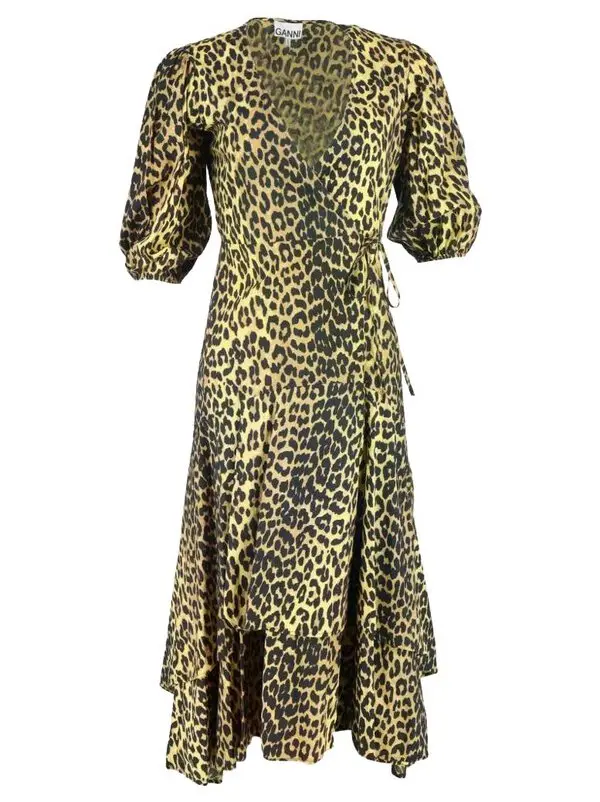 GANNI Leopard-pattern Wrap Midi Dress - Yellow