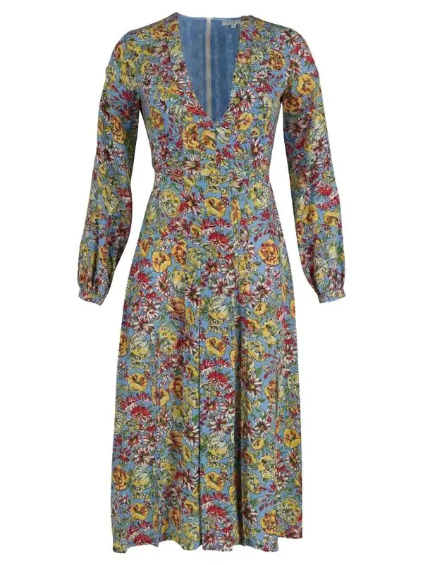 Rixo Long-sleeve Floral-print Midi Dress - Blue