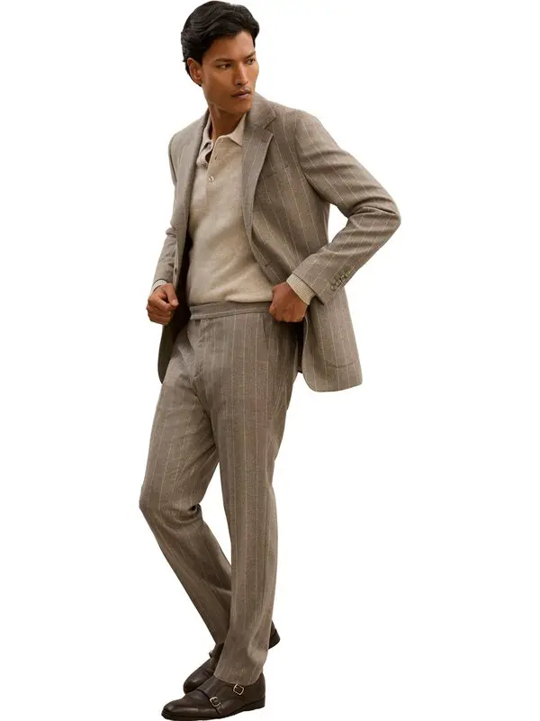 REISS Wool Pinstripe Tailored-fit Suit Trousers - Mocha Brown