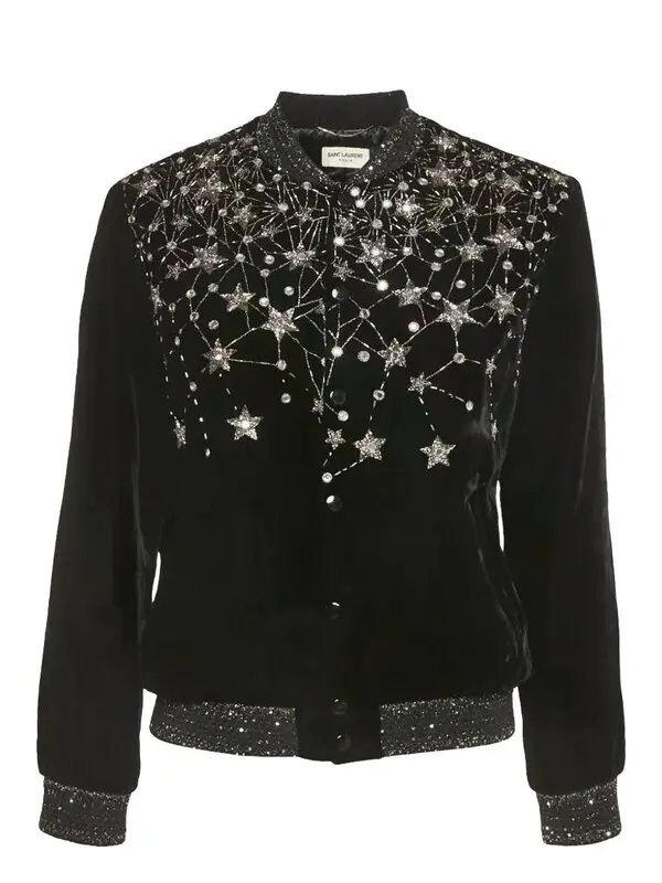 Saint Laurent Velvet Embellished Bomber Jacket - Black