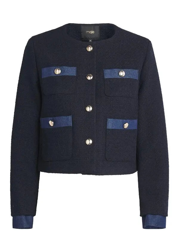 Maje Tweed Denim-trim Cropped Jacket - Blue