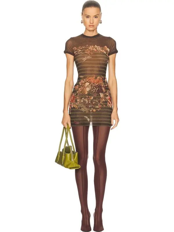 Jean Paul Gaultier Mesh Printed Marinière Grape Short Dress - Khaki & Multicolor