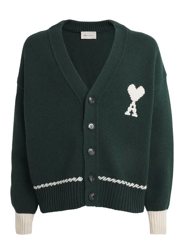 Ami Wool-blend Whipstitch Logo Cardigan - Green