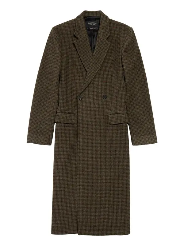 Balenciaga Melton Wool Check Overcoat - Brown