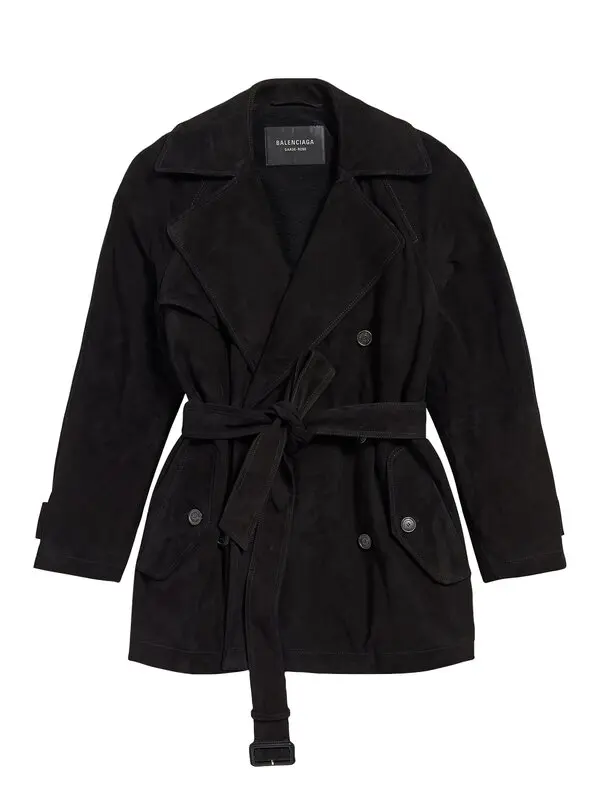 Balenciaga Lambskin Suede Short Trench Coat - Black