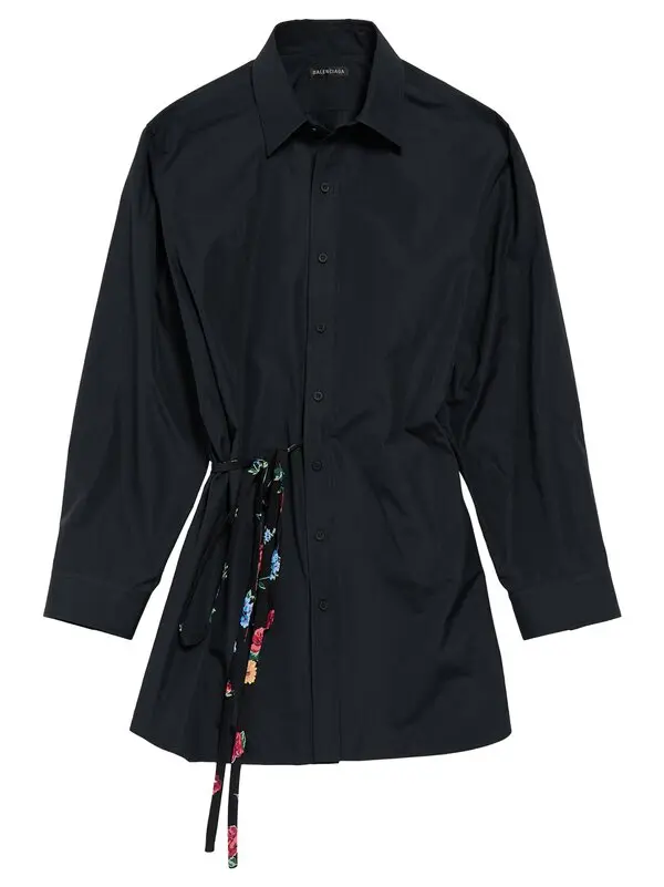 Balenciaga Floral Sash Cotton Mini Shirt Dress - Black