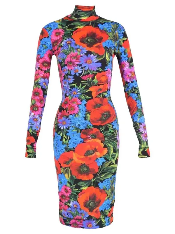 Dolce & Gabbana Floral-print Turtleneck Dress - Black