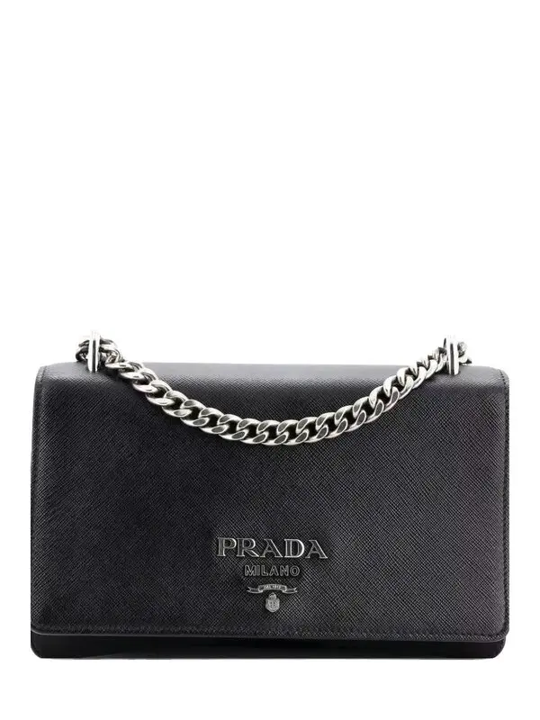 Prada Chain Flap Crossbody Bag Tessuto And Saffiano Leather Medium Shoulder Bag - Black