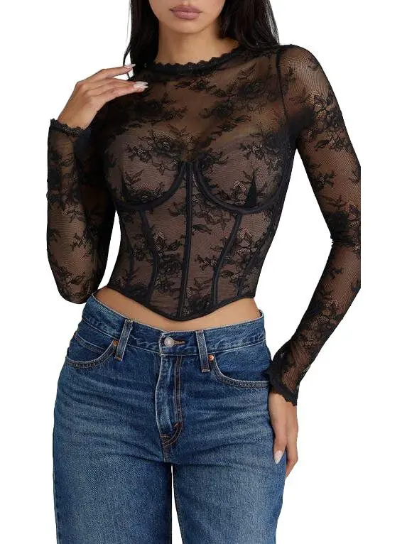 House Of Cb Zoe Long Sleeve Lace Crop Corset Top - Black