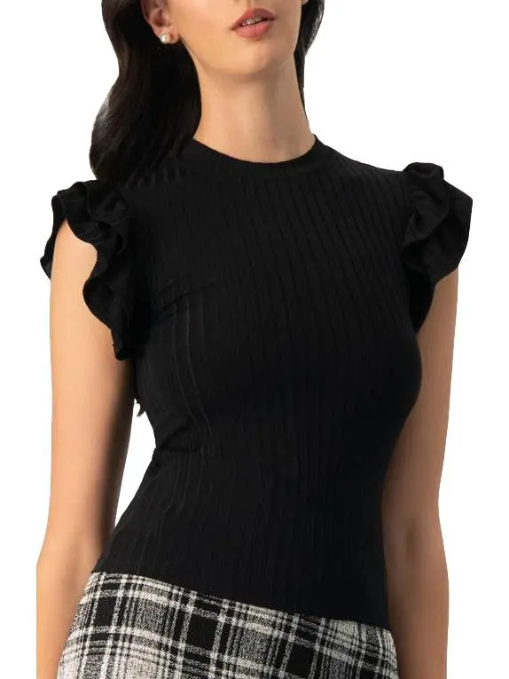 IVONNE Ribbed Straight Top With Ruffles - Black