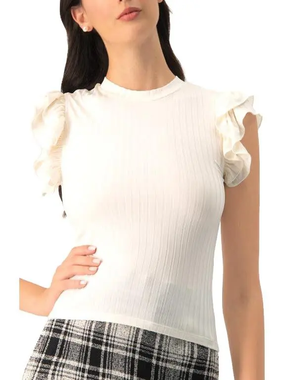 IVONNE Ribbed Straight Top With Ruffles - Ivory