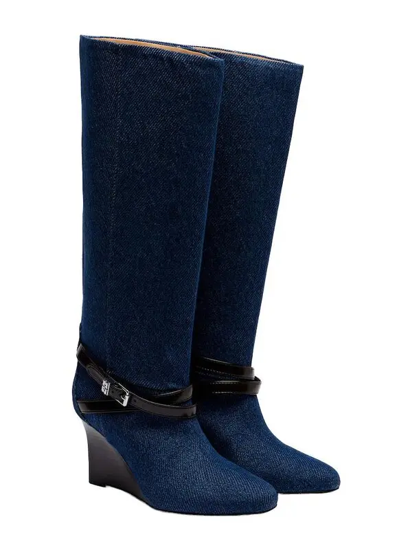 GANNI Kat Denim Knee-high Wedge Boots - Blue