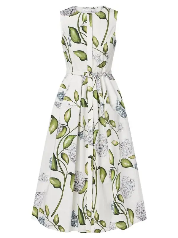 Oscar De La Renta Porcelain Flower Cotton-blend Midi Dress - White