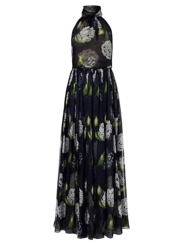 Oscar De La Renta Porcelain Flower Silk Chiffon Gown - Blue