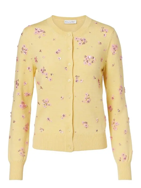 Oscar De La Renta Crystal Cluster Virgin Wool Cardigan - Yellow