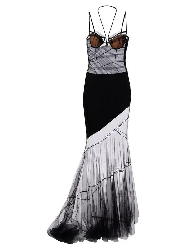 NENSI DOJAKA Asymmetric Draped Sheer Maxi Dress - Black