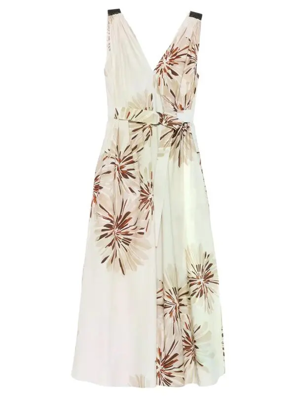 Brunello Cucinelli Floral Belted Midi Dress - Neutrals