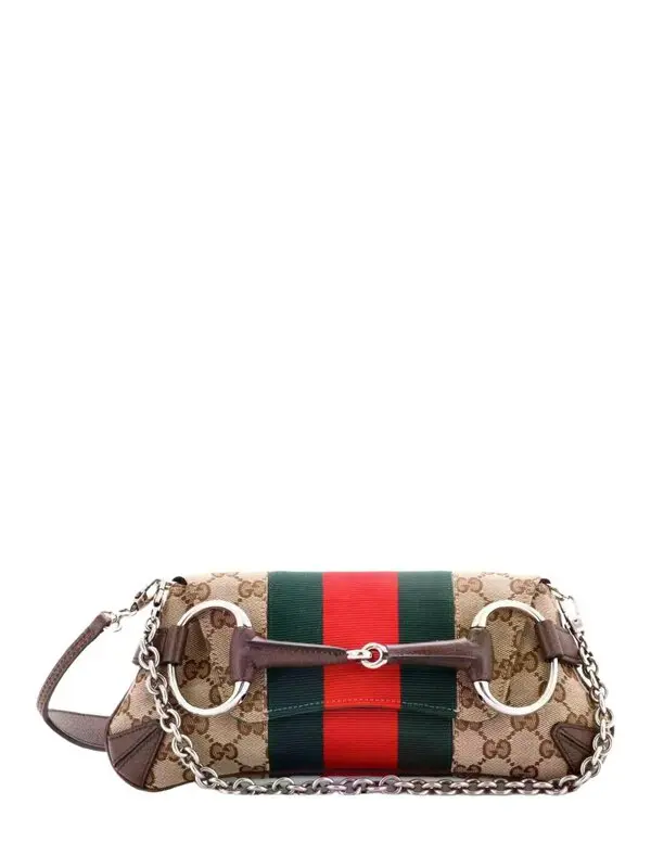 Gucci Horsebit Nm Web Chain Clutch Gg Canvas Small Shoulder Bag - Brown