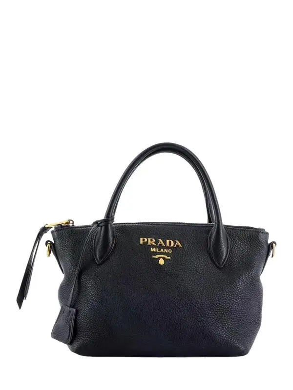 Prada Dual Strap Zip Tote Vitello Daino Small Shoulder Bag - Black