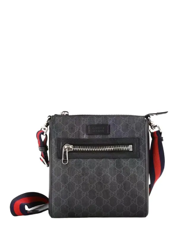 Gucci Web Strap Front Zip Messenger Bag Gg Coated Canvas Small Crossbody Bag - Black