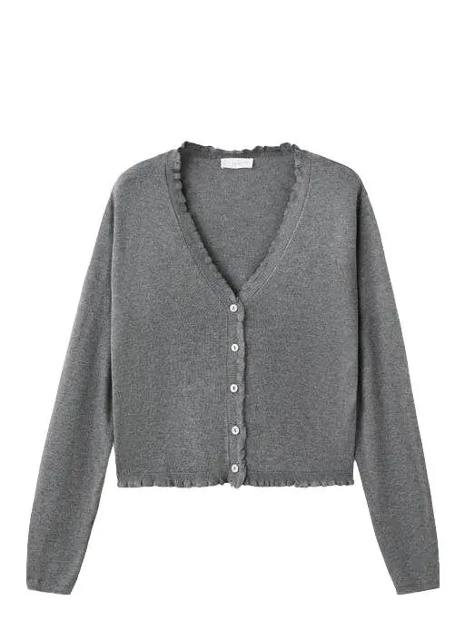 Mango Ruffle Trimmed Cropped Cardigan - Medium Heather Grey